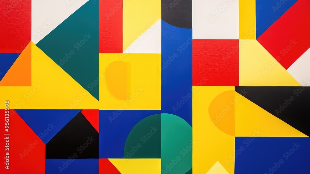 Abstract geometric shapes in bold primary colors, arranged in a ...