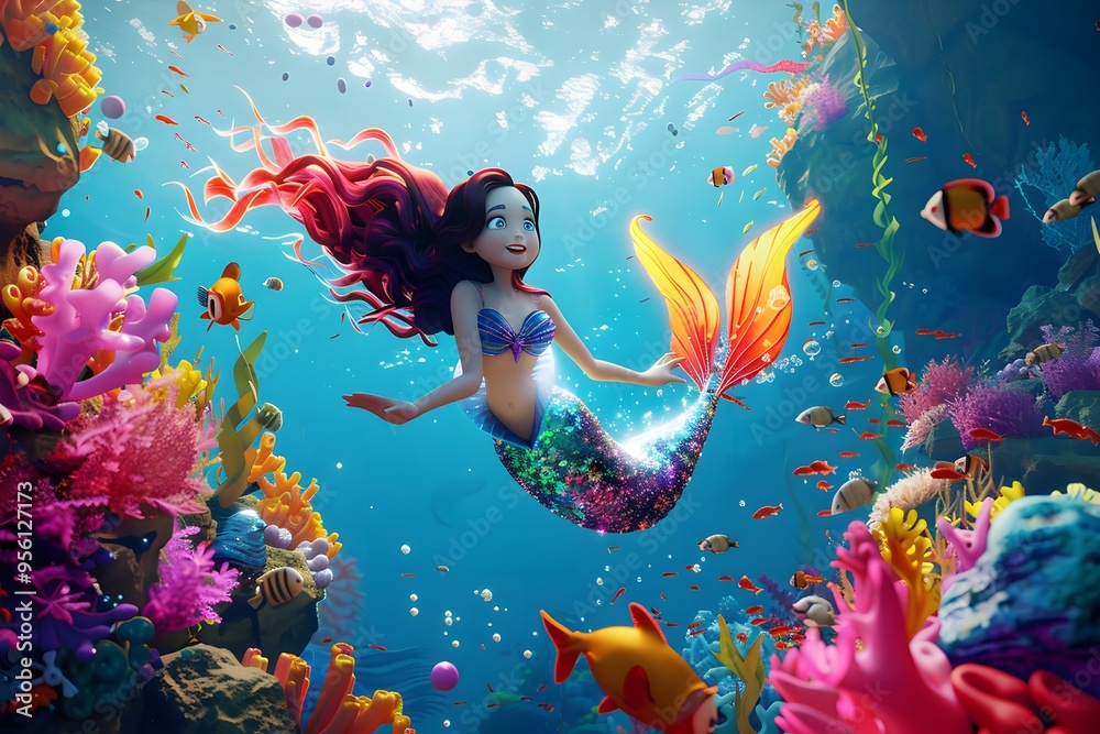 Design a 3D cartoon mermaid with flowing hair, a sparkling tail, and a ...