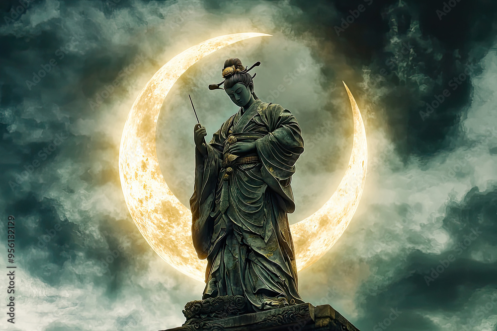 Tsukuyomi, Shinto Moon God, Embraces the Crescent Moon in a Mystical ...