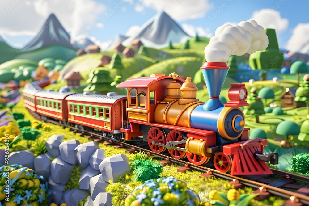 3D cartoon train with a cheerful conductor, bright and colorful ...
