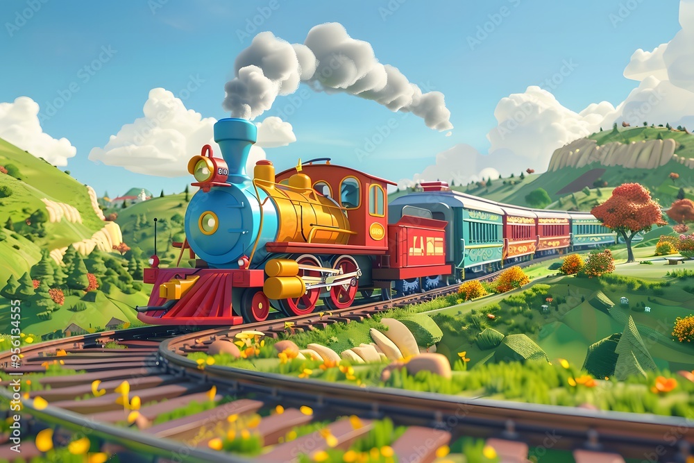 3D cartoon train with a cheerful conductor, bright and colorful ...