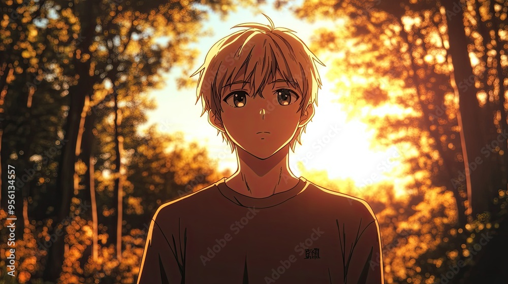 40. A young Japanese anime man with short blonde hair, wearing a casual ...