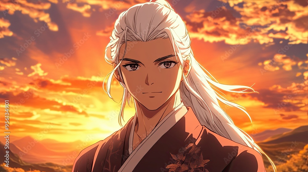 32. A young Japanese anime man with long white hair tied in a loose ...