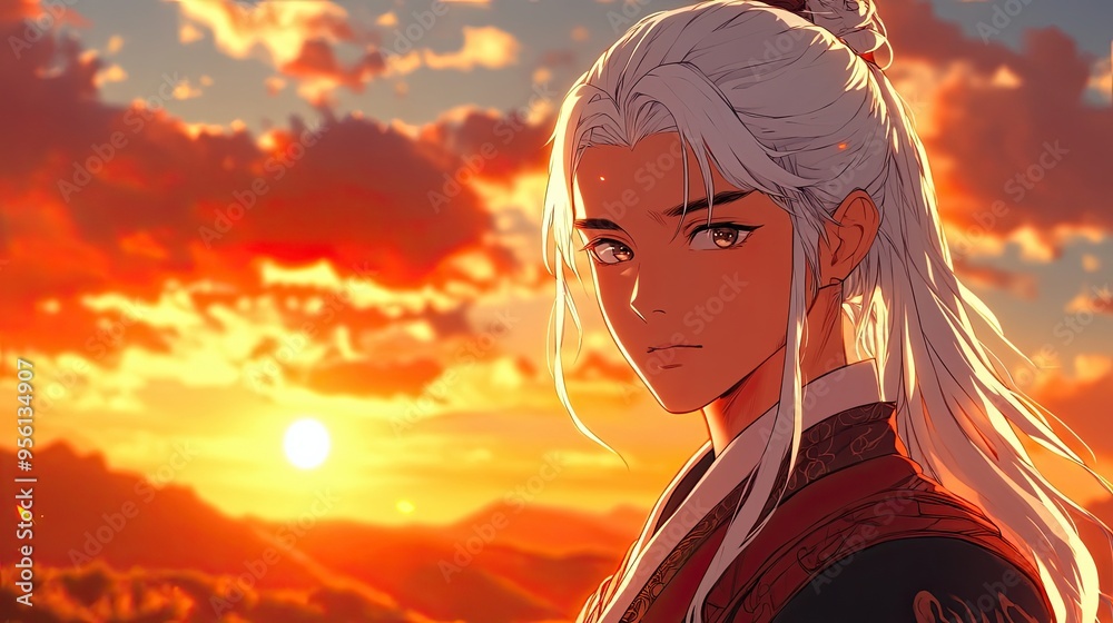 32. A young Japanese anime man with long white hair tied in a loose ...