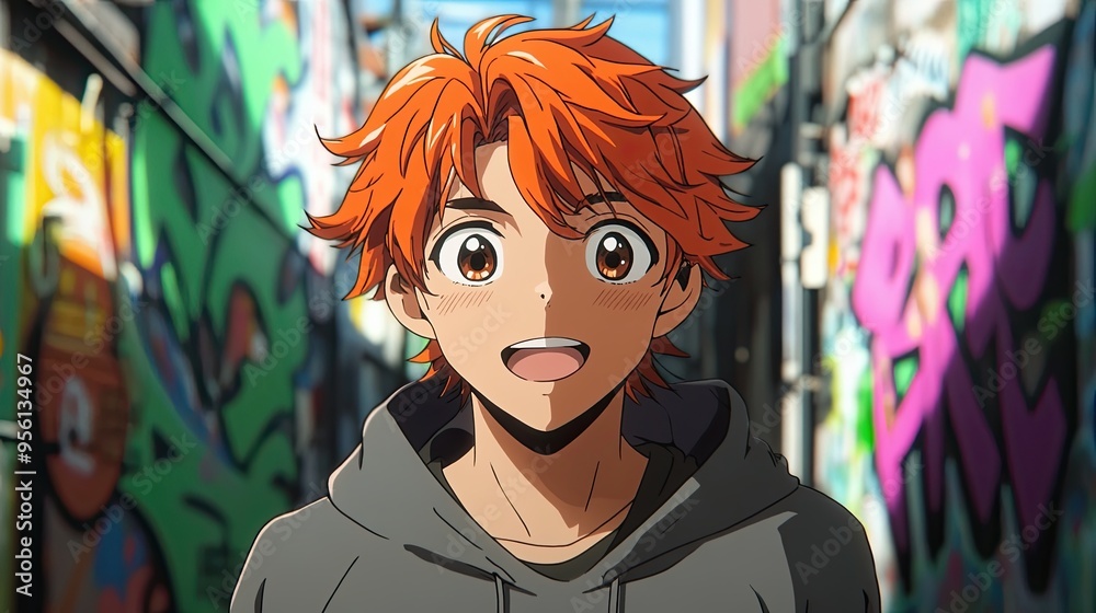 30. A young Japanese anime man with fiery orange hair, wearing a casual ...