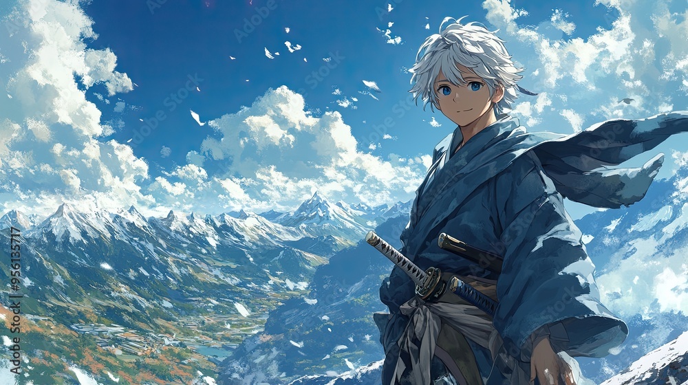 16. A young Japanese anime man with short silver hair and sharp blue ...