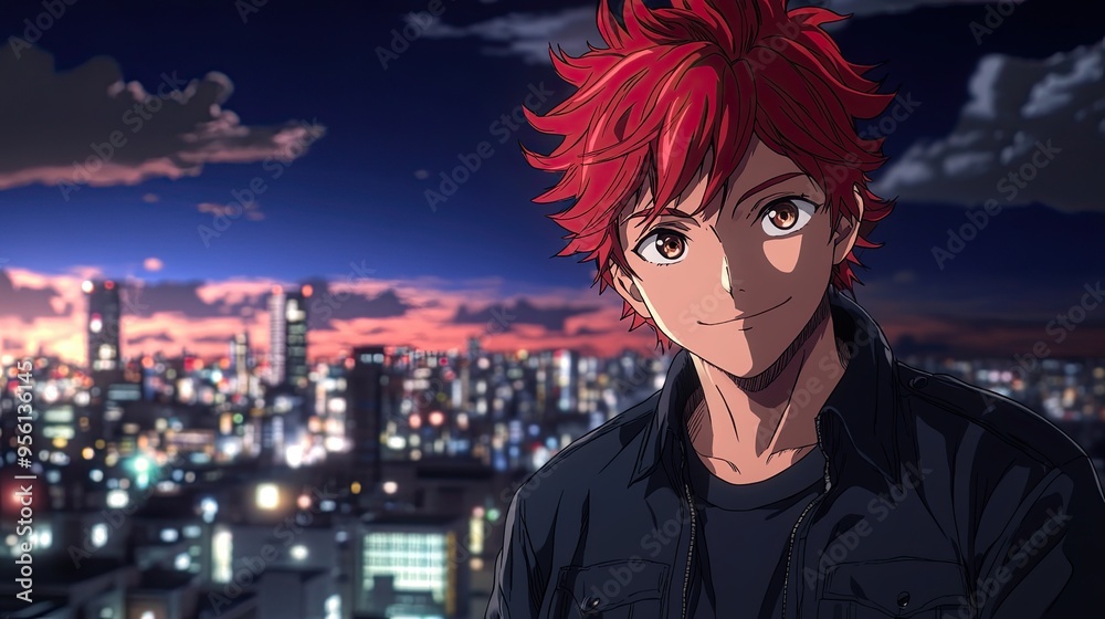 8. A young Japanese anime man with fiery red hair and a confident grin ...