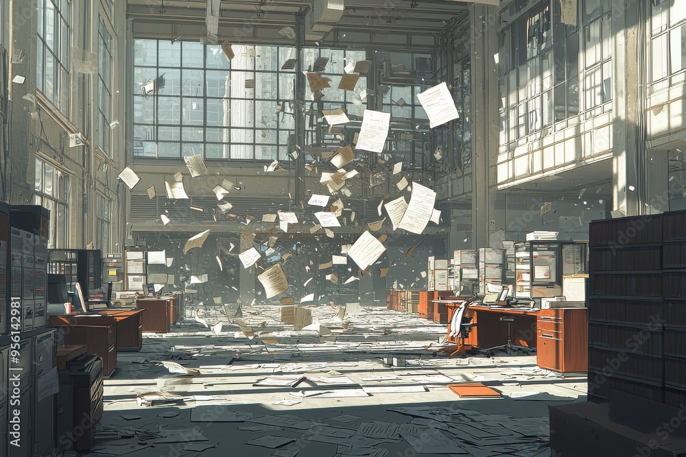 Chaotic office environment with flying papers and documents Stock ...