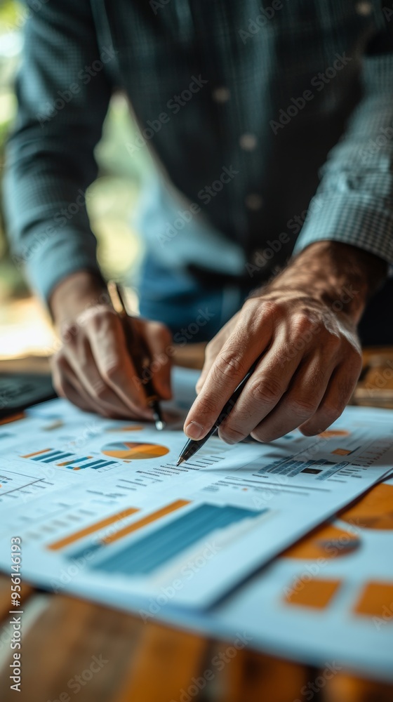 Entrepreneur reviewing a detailed business plan with graphs and charts ...