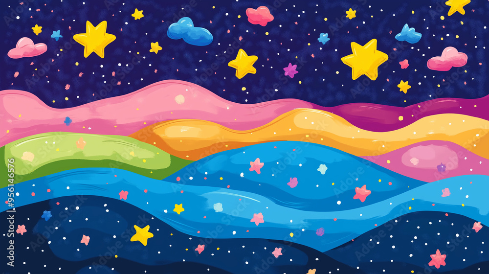 Whimsical Dreamy Clouds and Stars in a Night Sky. A charming and ...