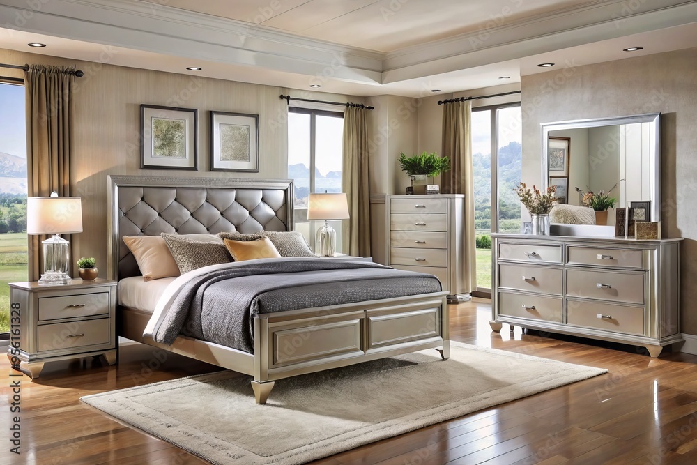 This high-end bedroom set features glossy surfaces and a modern design ...