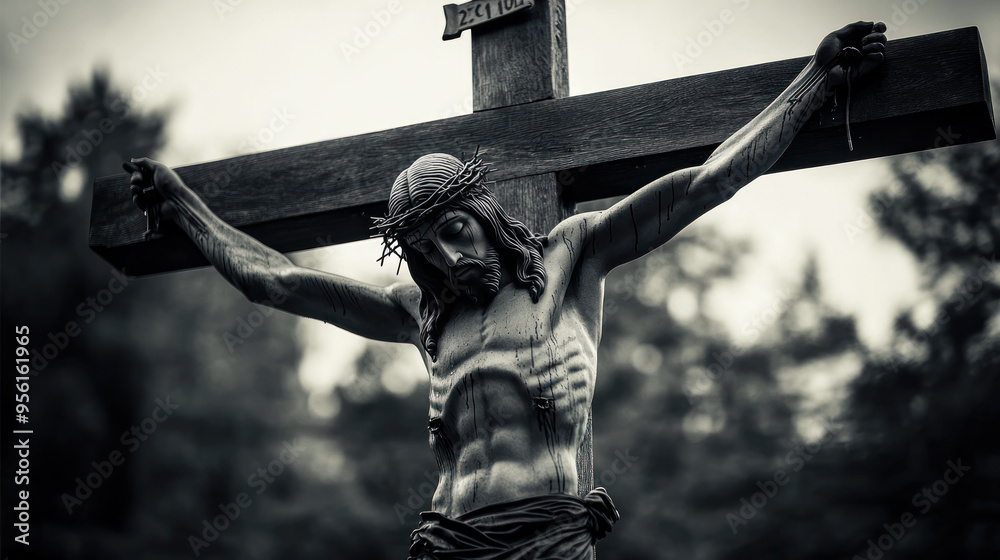 Jesus Christ on the cross, detailed religious symbolism, somber ...