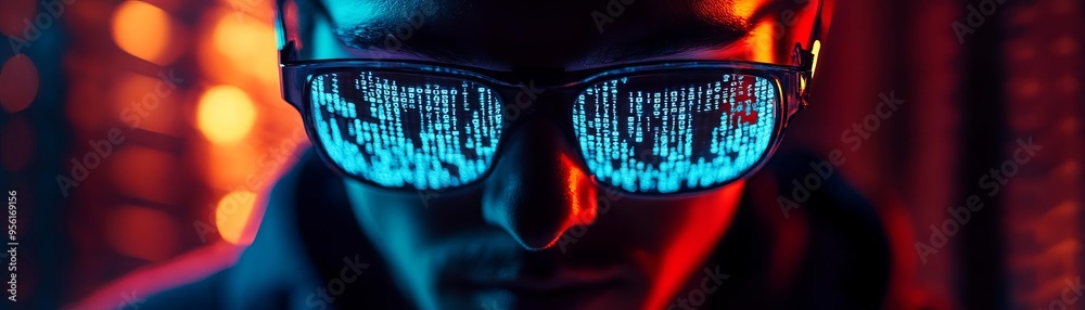 Modern hacker identity, reflective glasses displaying encrypted codes ...