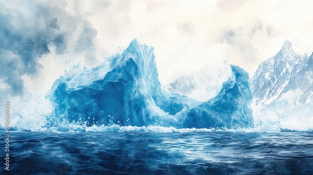 Serene Chaos - Iceberg Calving in Watercolor Splash Style with Massive Ice Chunk Breaking Away ...