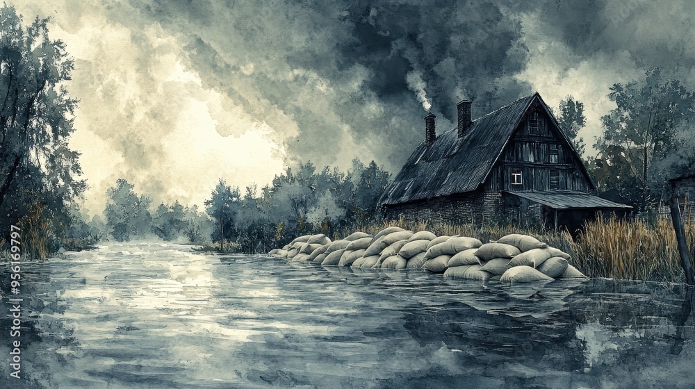 Impending Storm: Sandbags Shielding Homes in Flood-Prone Area ...