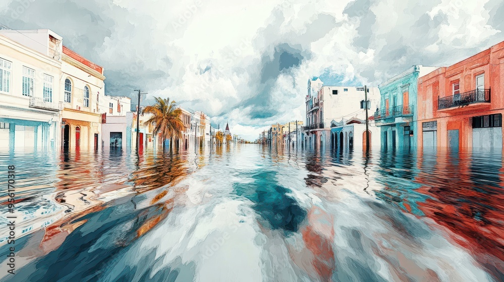 Rising Tides: Watercolor Depiction of Sea Level Rise Impacting Coastal ...