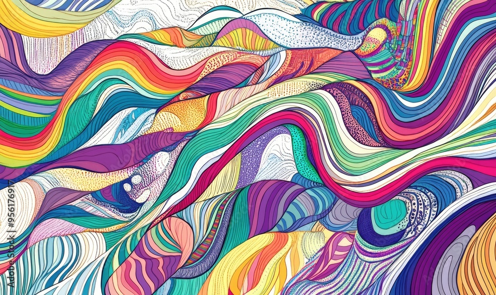 Line art illustration featuring multicolored hatching shapes with an ...