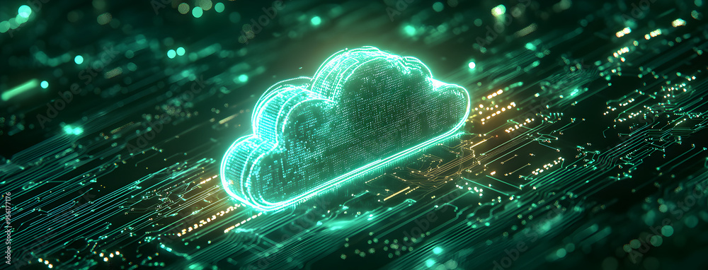 “Digital Background Featuring a Glowing Cloud Icon with Circuit Lines ...