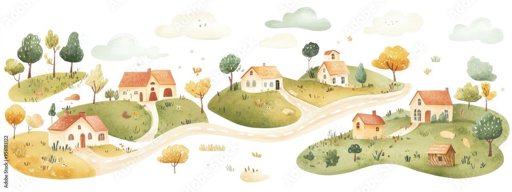Watercolor map collection featuring houses and roads along with grass ...
