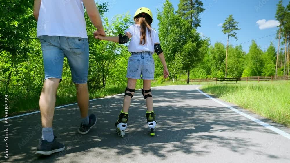 Caring father securing happy daughter, holding her hands helping to ...