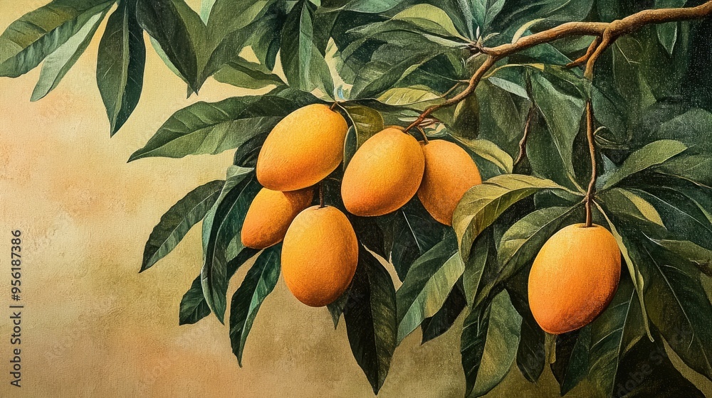 Oil painting depicting a mango tree from the Anacardiaceae family ...