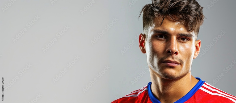 Peruvian soccer player s portrait on a blank white background with copy ...