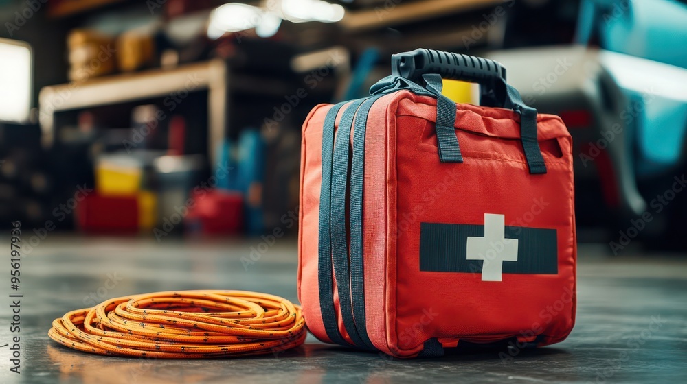 A compact emergency kit designed for car use, featuring a jumper cable ...