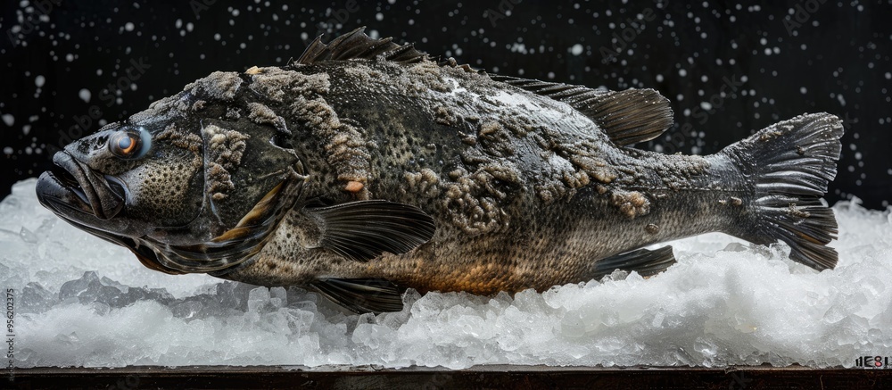 A whole black grouper fish fresh on ice at a fish market The fish ...
