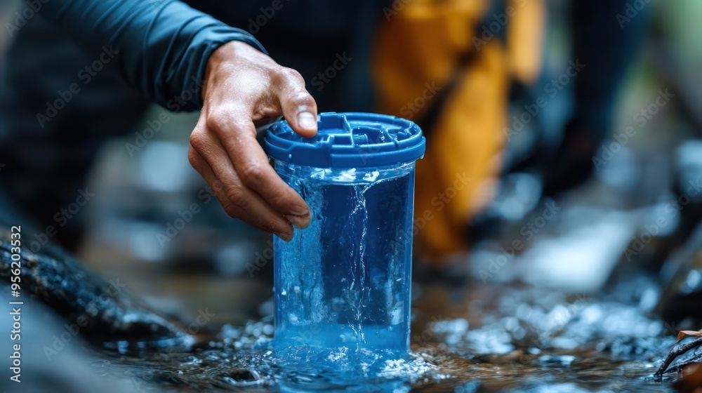 A person demonstrating how to use a water filter from an emergency kit ...