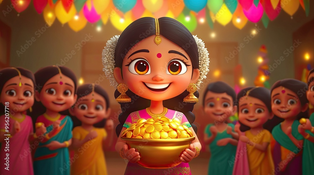 6. Cute cartoon Maveli in traditional attire, holding a pot of gold ...