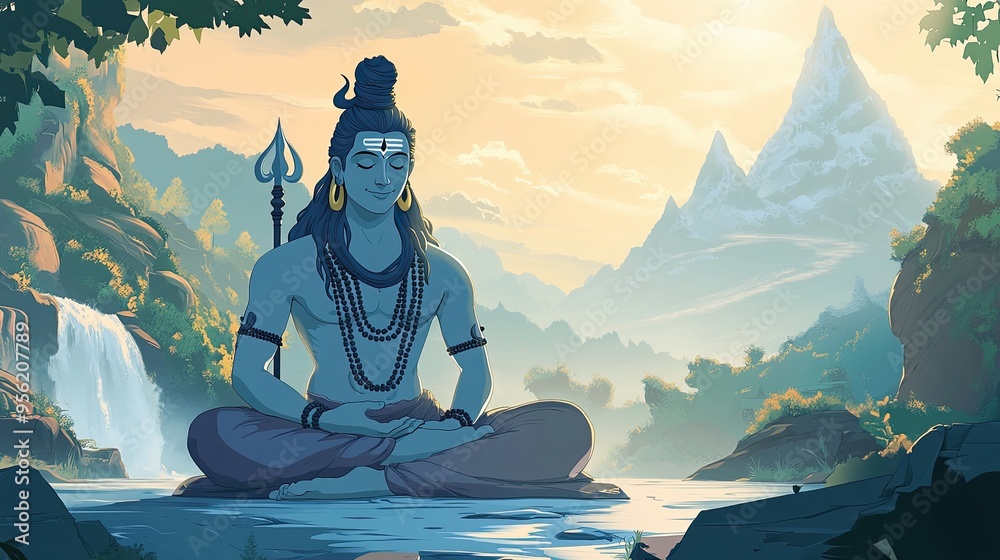 5. Cartoon depiction of Shiva sitting in a meditative pose, with a calm ...