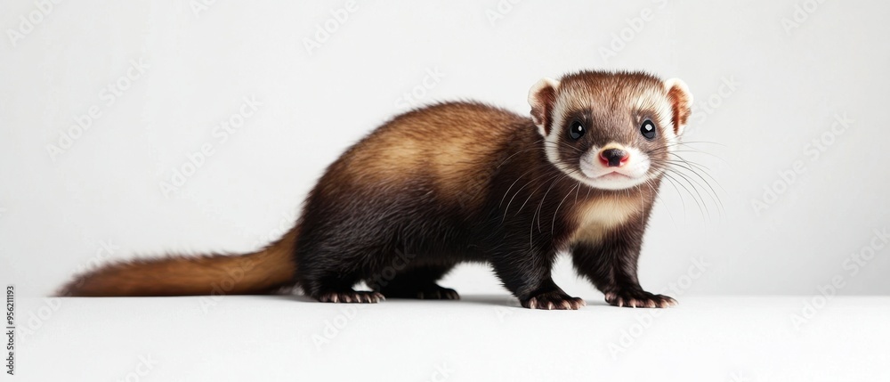 Lovely ferret captured in a studio setting against a white backdrop ...