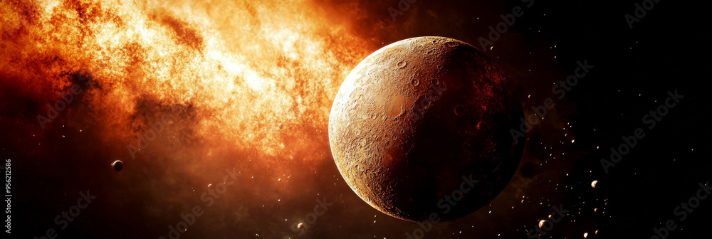 Planet Mercury in retrograde against explosion. View of Mercury ...