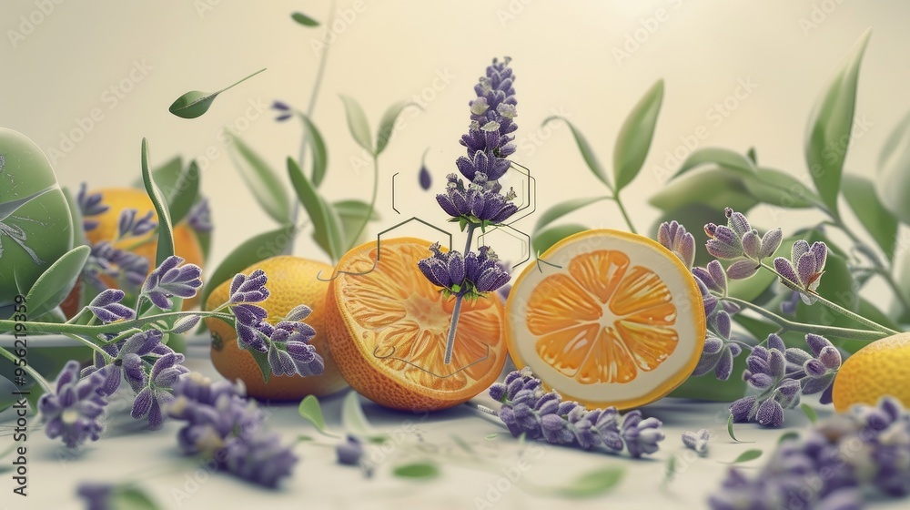 Structural chemical formula of linalool with fresh lavender flowers and ...