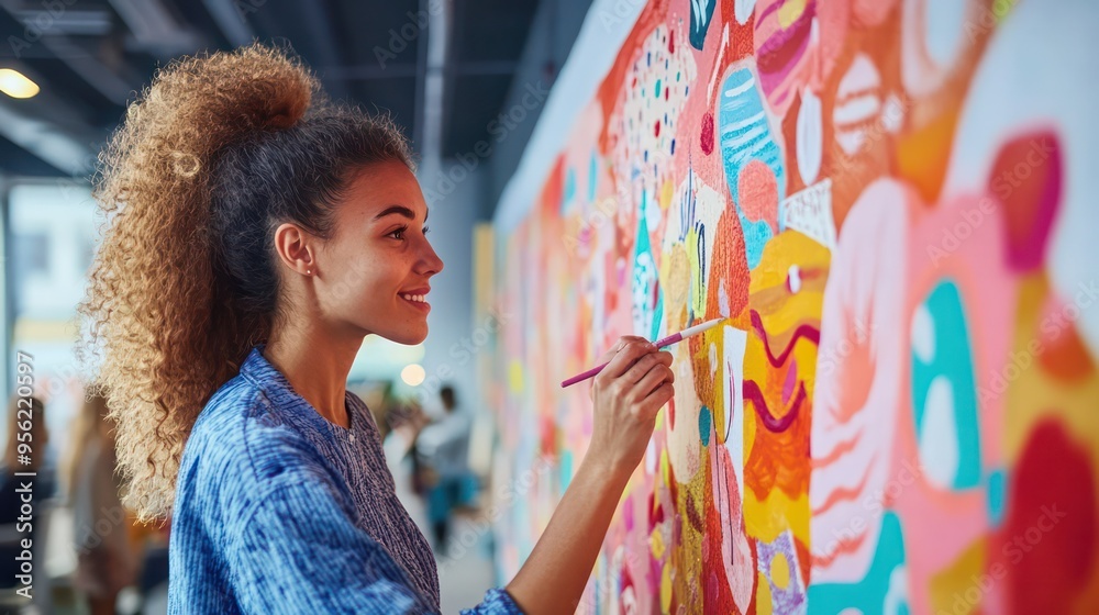 Employees collaborating on a mural in the office, using art as a medium ...