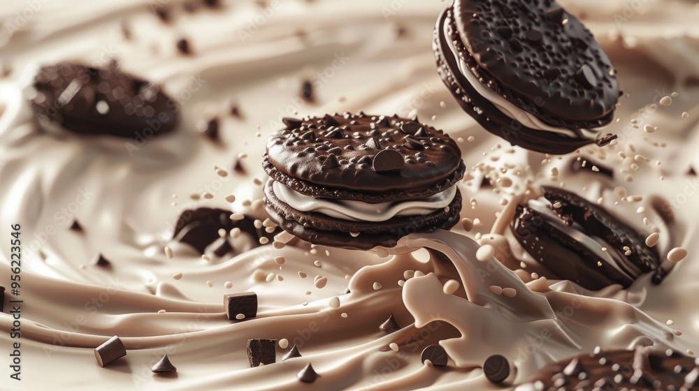 chocolate sandwich cookies and broken cookie pieces flowing in smooth ...