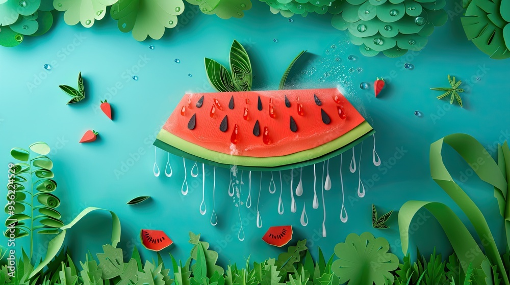 watermelon umbrella with rain of seeds Symbol of summer and fresh ...