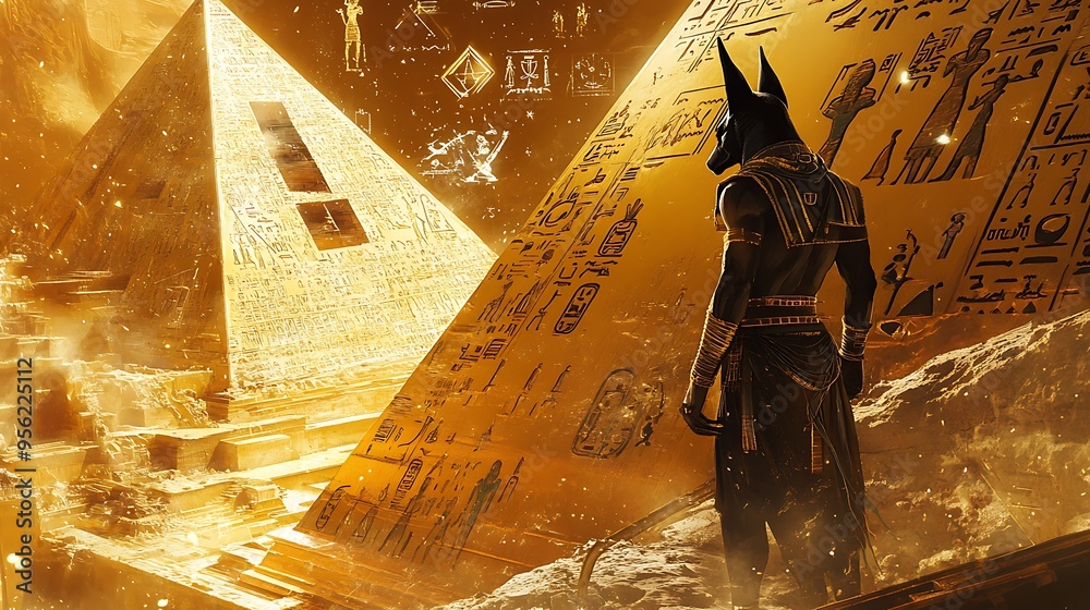 Anubis depicted in a futuristic setting inside a golden pyramid, with ...