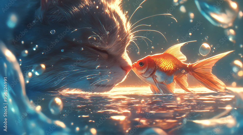Cat and Golden Fish with Anime Expressions - Digital Concept Art Stock ...