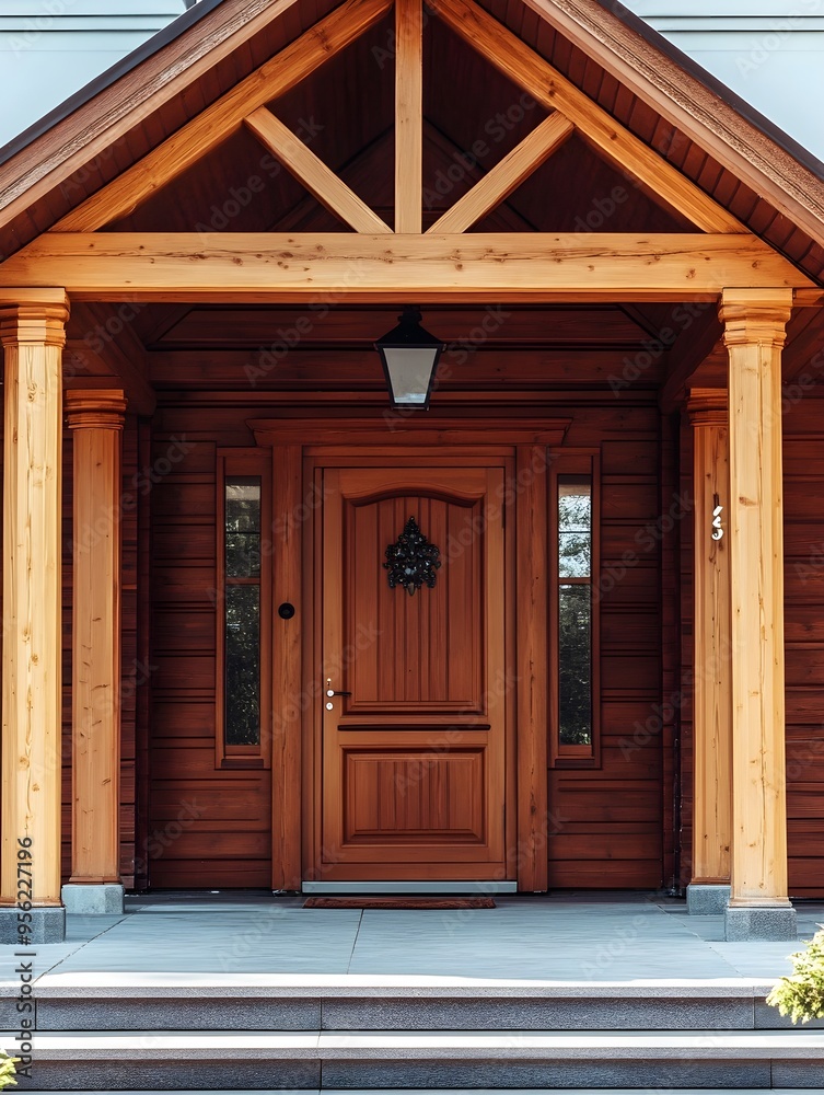 Main entrance door in house. Wooden front door with gabled porch and ...
