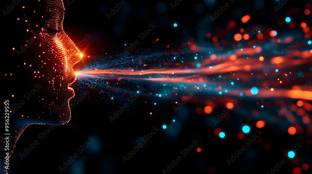 Overlay of human speech waves and AI-generated text in double exposure ...