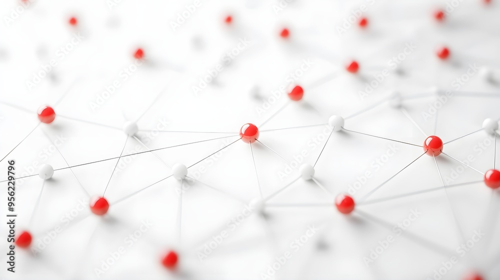 network and connection concept with red and white dots on white laconic ...