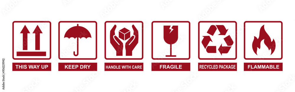 Poster Packaging and warning symbols set, fragile cargo icons, fragile ...