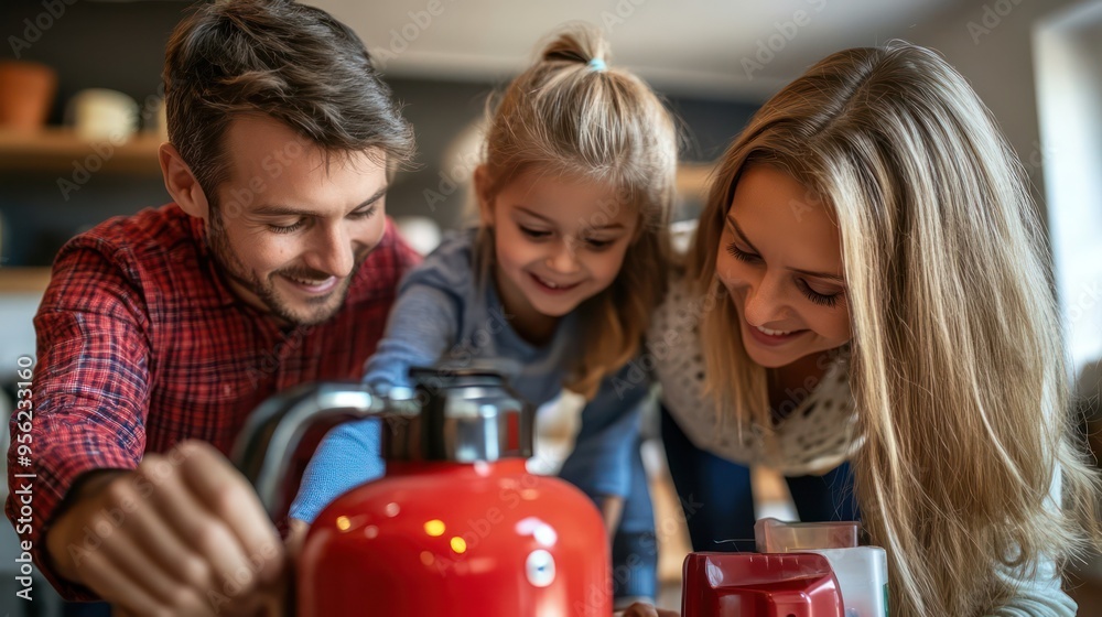 Parents teaching their children how to use a fire extinguisher, with an ...