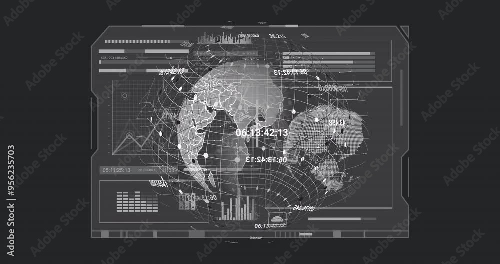 Global data visualization animation over rotating digital world map ...
