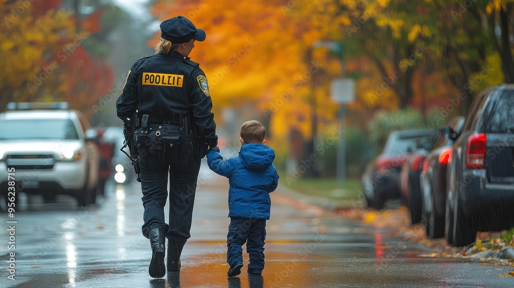 Policewoman guiding a child across the street in a school zone ...