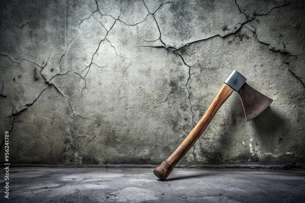 Axe against a cracked polished concrete wall with tilted angle ...