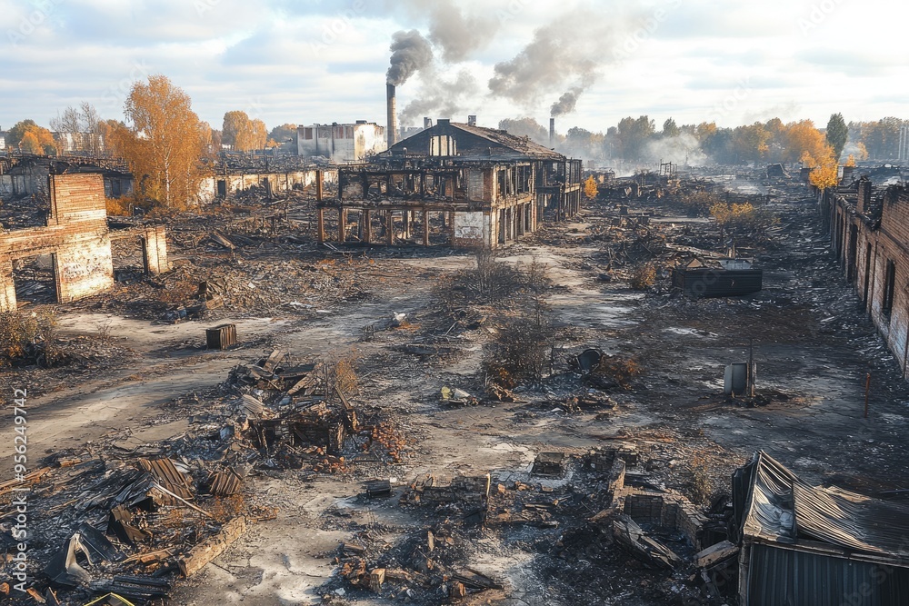 Ruined factory with smoke in the air. This photo depicts the ...