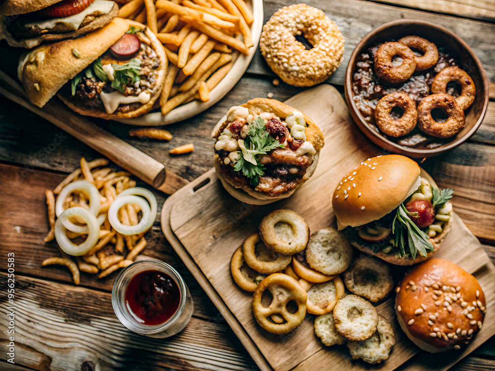 A variety of fast food favorites including burgers, pizza, fries, hot ...