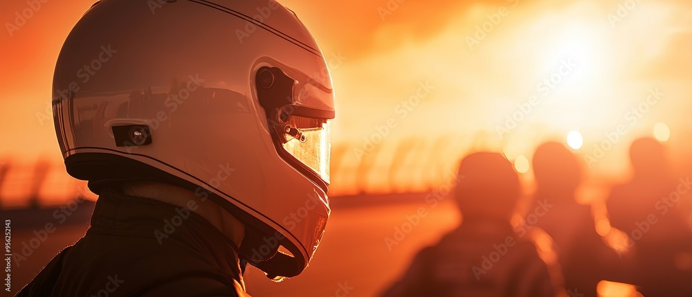 Race car drivers in full gear facing the track, powerful lighting ...